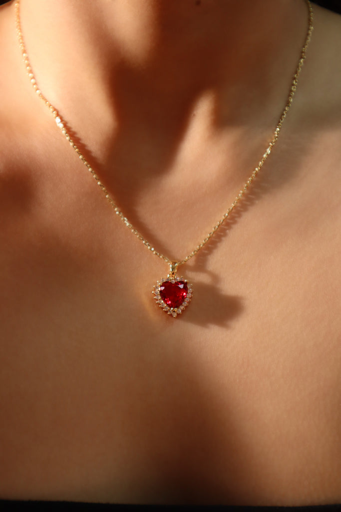 18K Real Gold Plated Red Gem Diamond Heart Necklace – Cutethingscommin